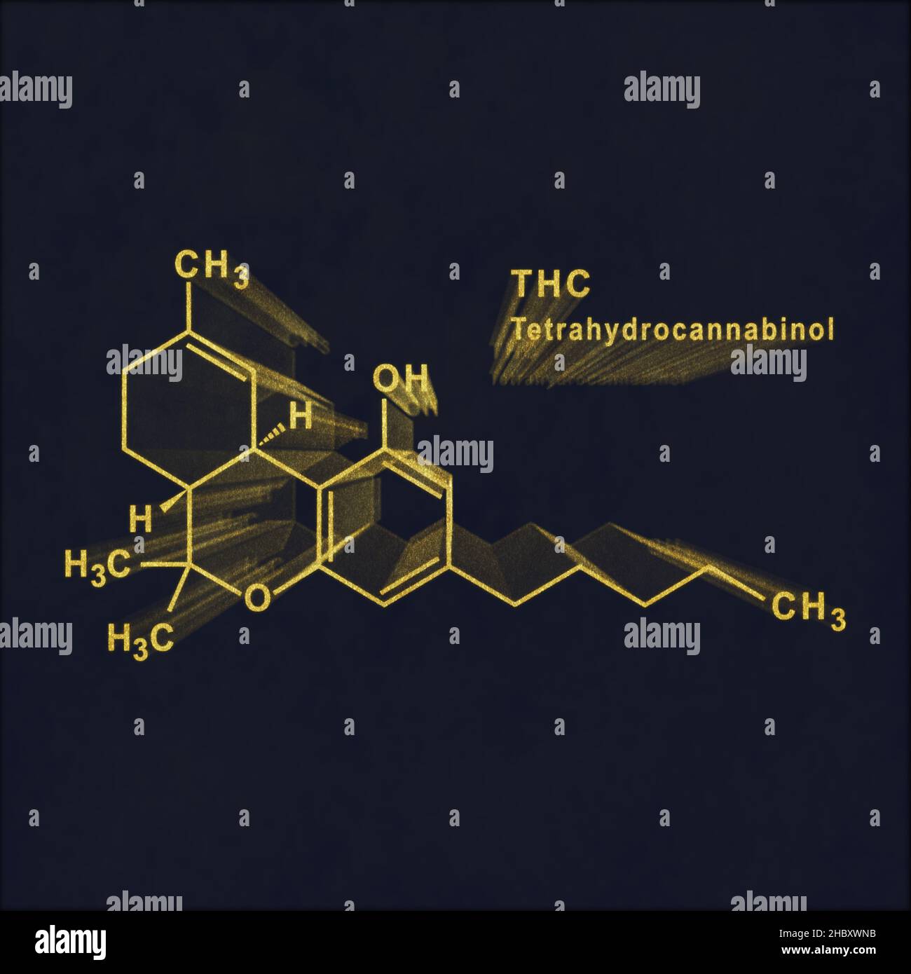 THC Tetrahydrocannabinol Structural chemical formula gold on dark ...