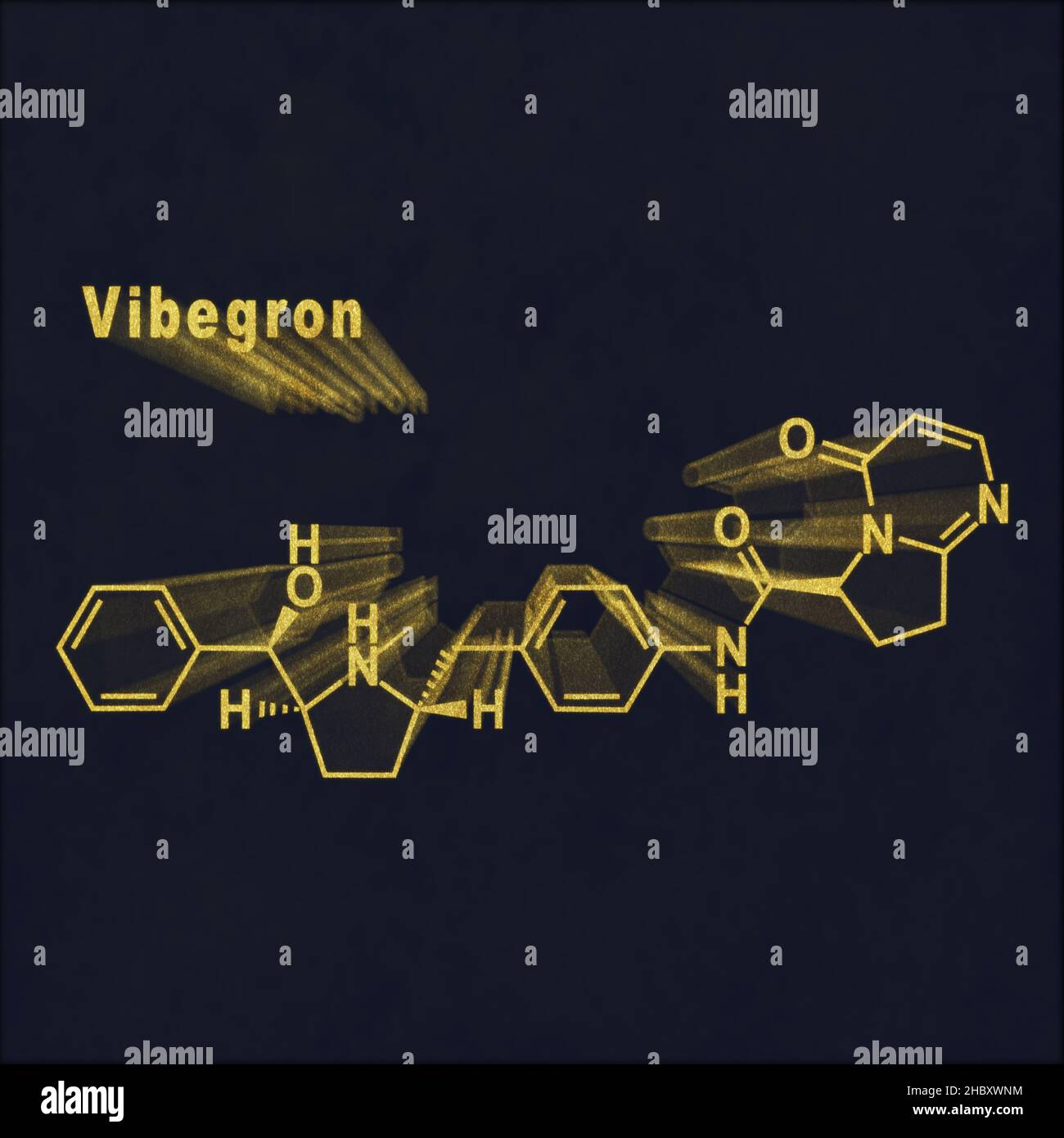 Vibegron drug, Structural chemical formula gold on dark background ...