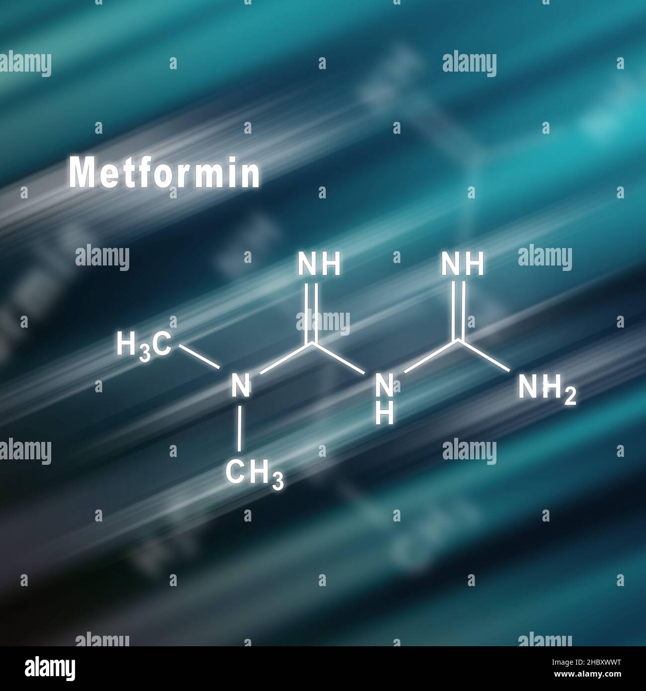 Metformin diabetes drug, Structural chemical formula futuristic ...