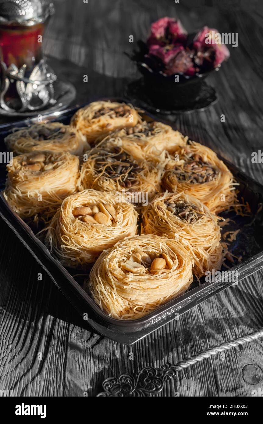 Baklava dessert with roasted peanuts from crushed filo dough in the ...