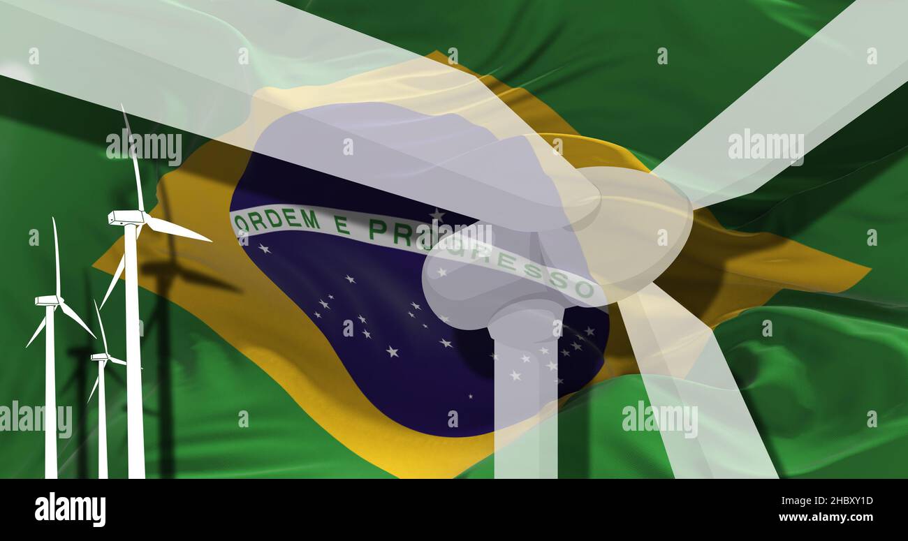 Wind turbines on background of Brazil flag. sustainable development ...