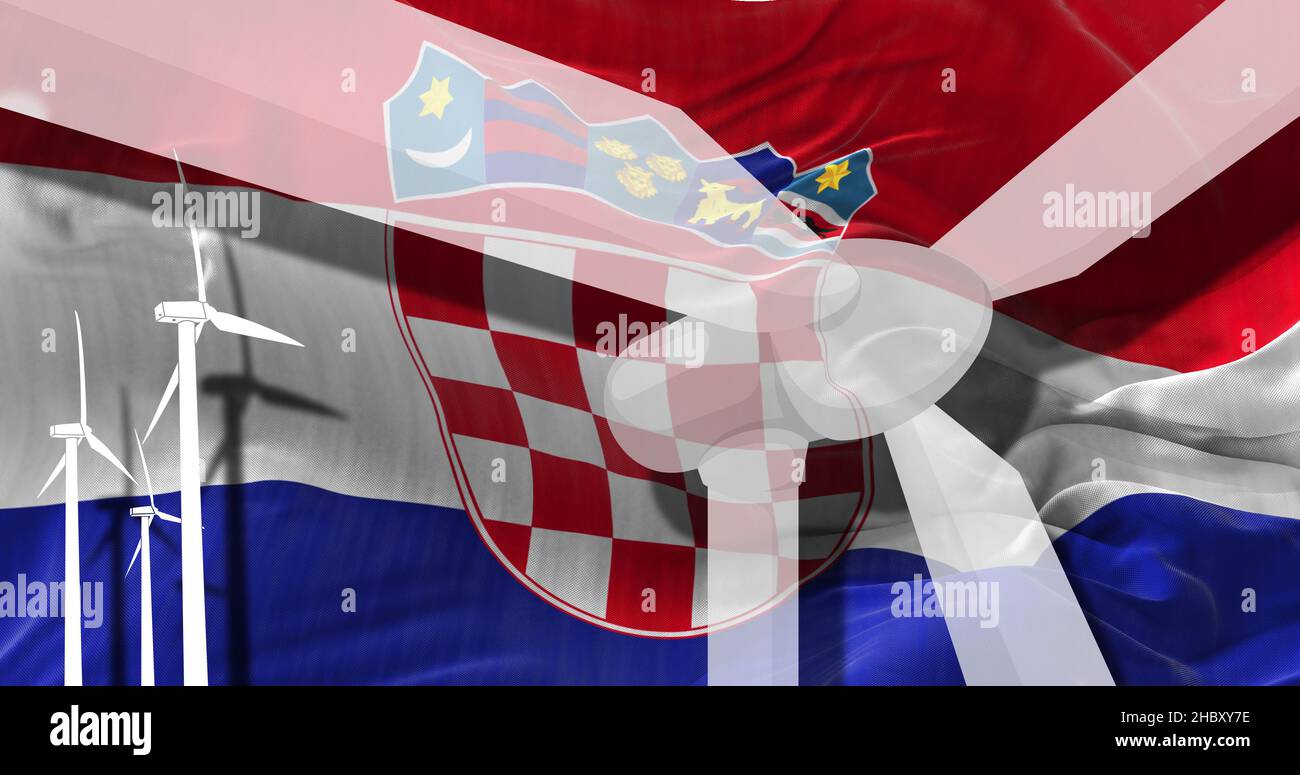 Wind turbines on background of Croatia flag. sustainable development ...