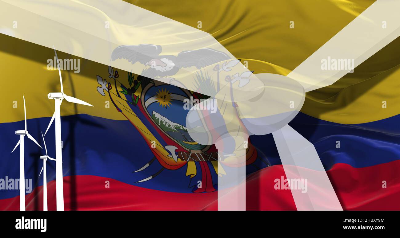 Wind turbines on background of Ecuador flag. sustainable development ...