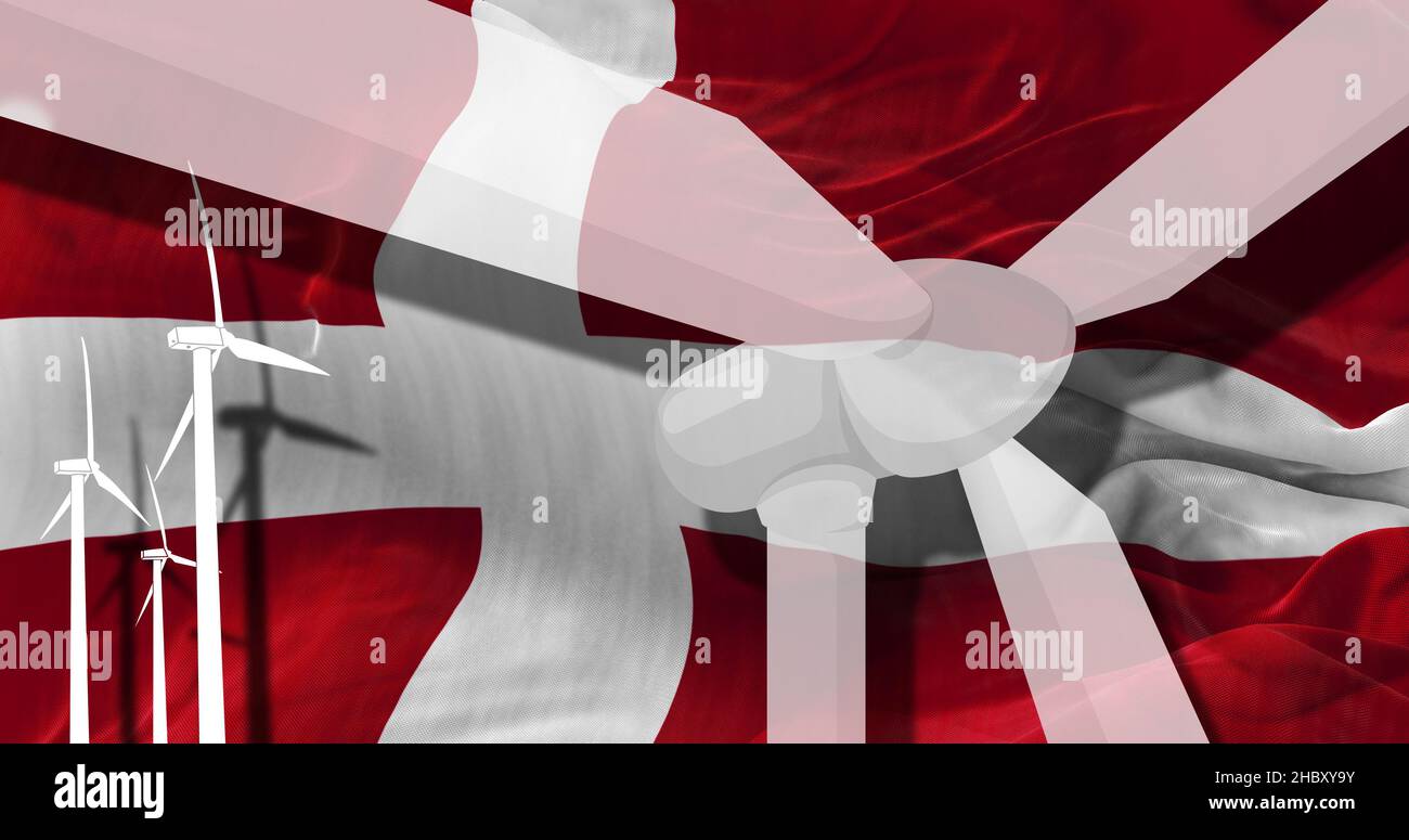 Wind turbines on background of Denmark flag. sustainable development ...