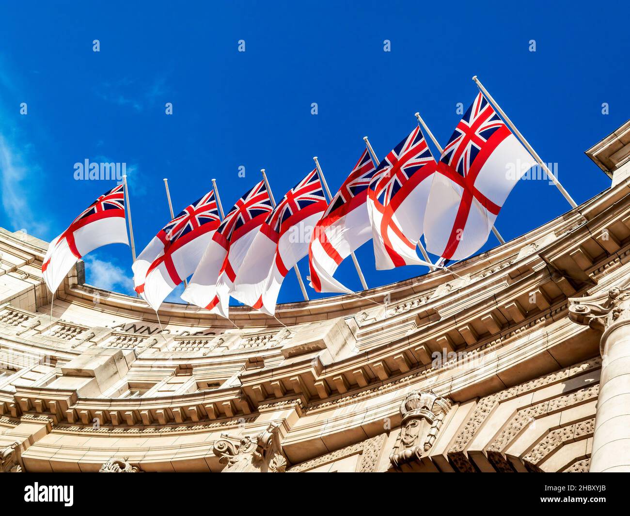 White Ensign flag of the Royal Navy flying from Admiralty Arch in ...
