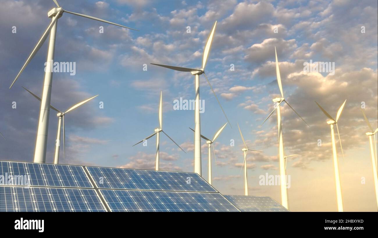 solar power panels and wind turbine generators on blue sky - renewable ...