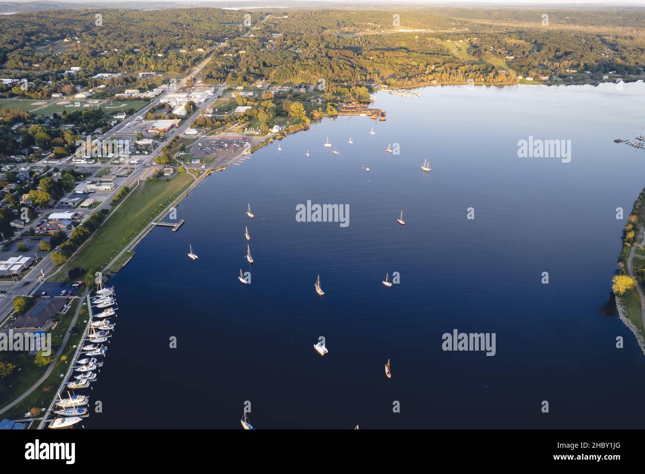 An aerial view of Lake Michigan shoreline, Frankfort, Michigan, USA ...