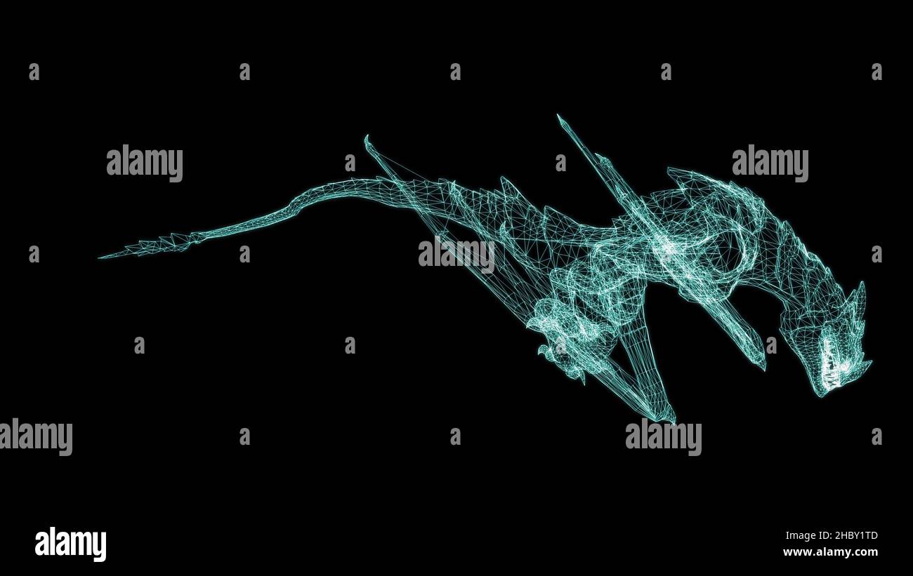 3d illustration - wire frame Dragon Walking on black Screen Stock Photo ...