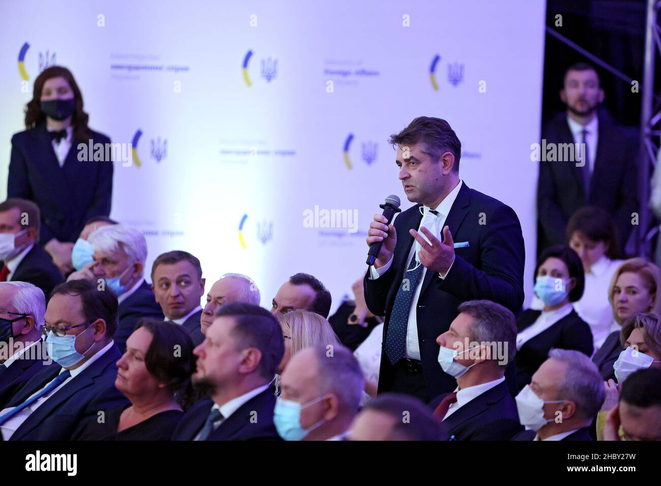 HUTA, UKRAINE - DECEMBER 21, 2021 - An attendee speaks out during the ...