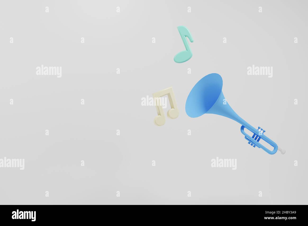 Trumpet with music note on white background. Blue trumpet with copy ...