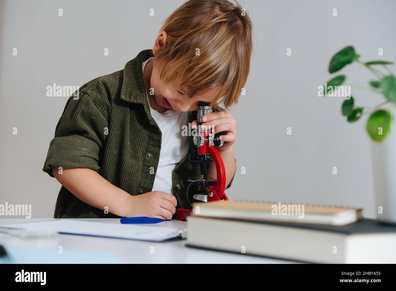 Little boy doing science project, looking through the microscope ...