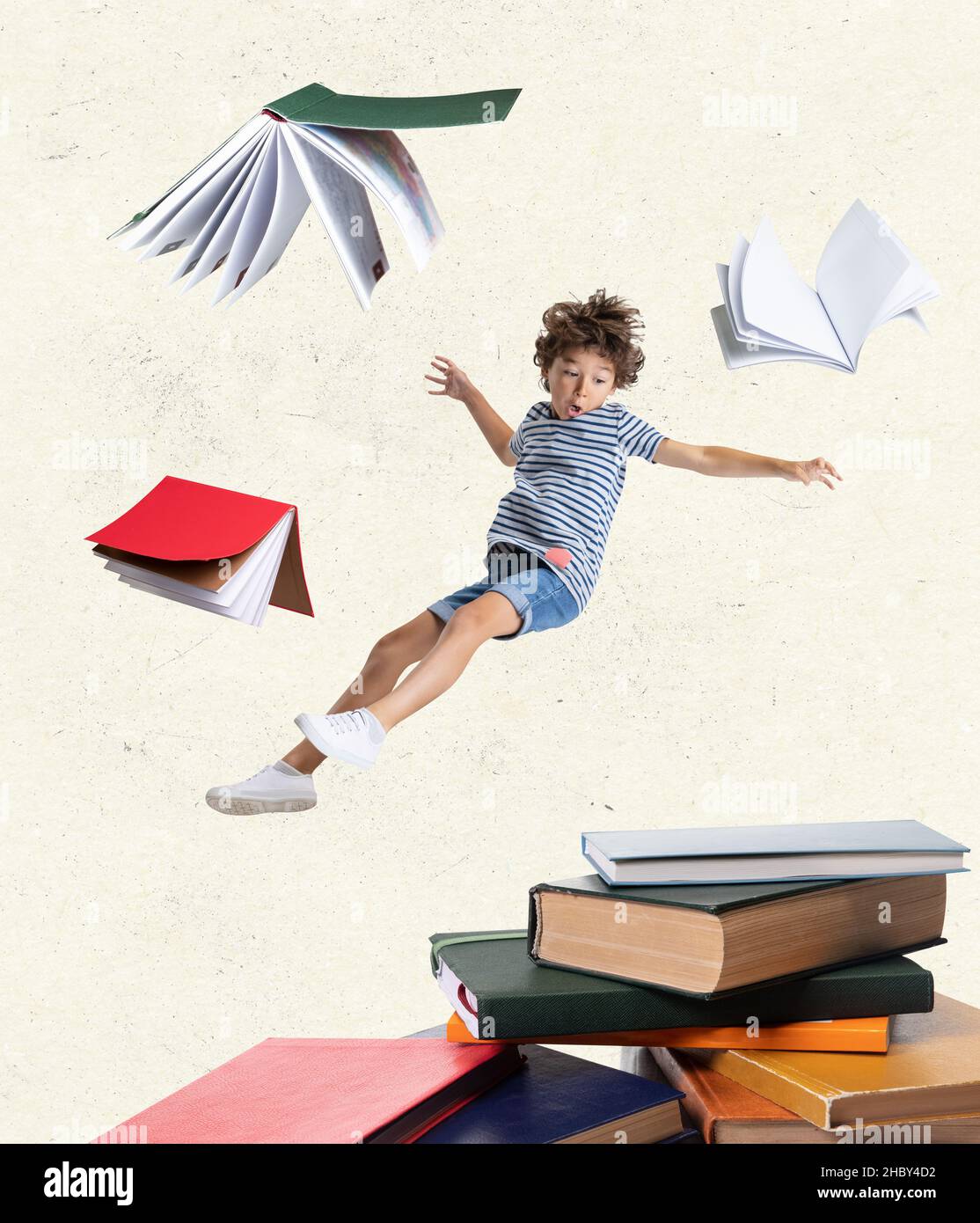Creative contemporary art collage of little boy, child falling into ...