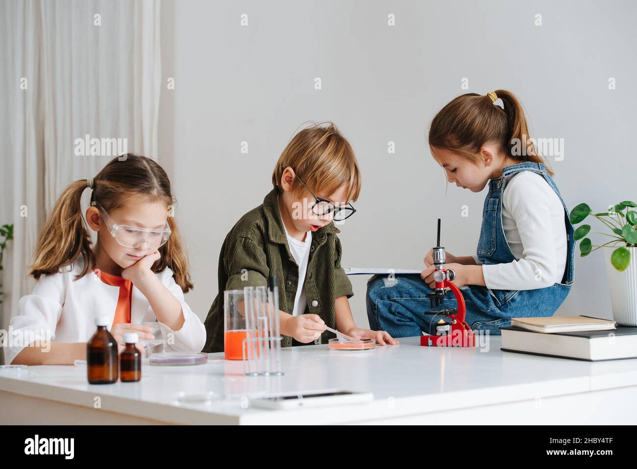 Group of kids doing home science project, girl is documenting the ...