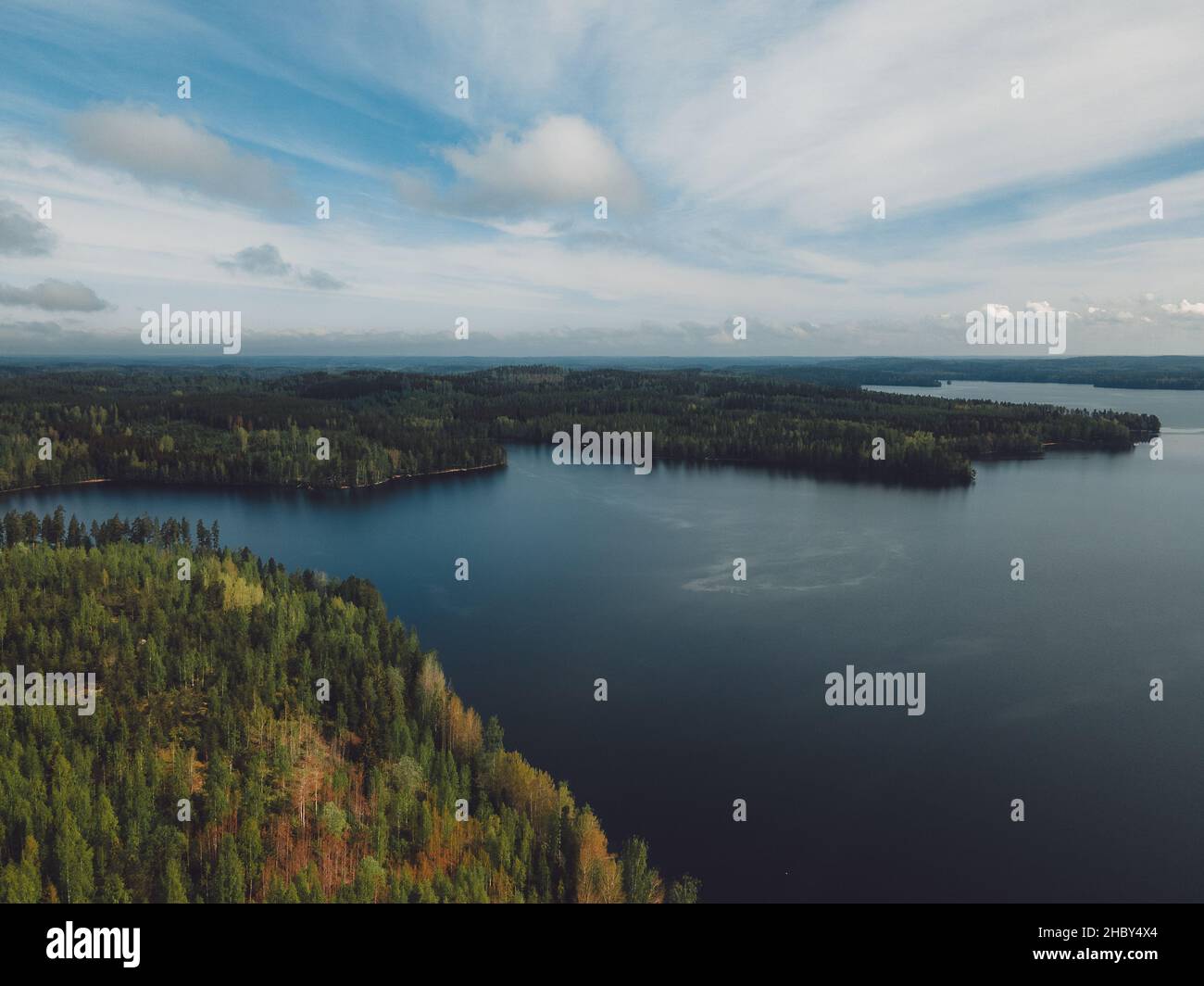 An aerial view of the beautiful Nordic Lake and forests in Finland ...