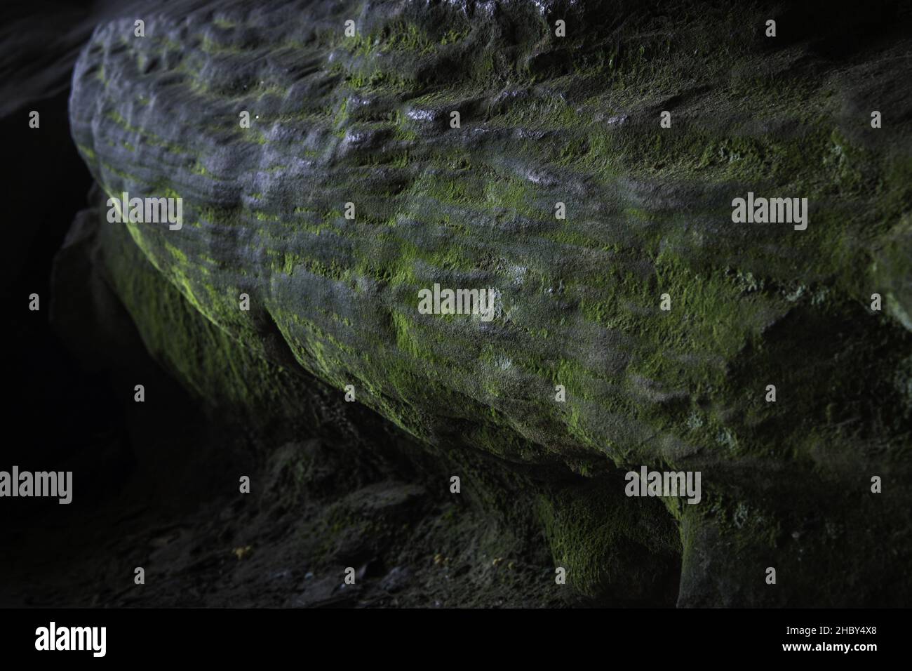 A closeup of a huge rock with a mossy surface - for backgrounds and ...