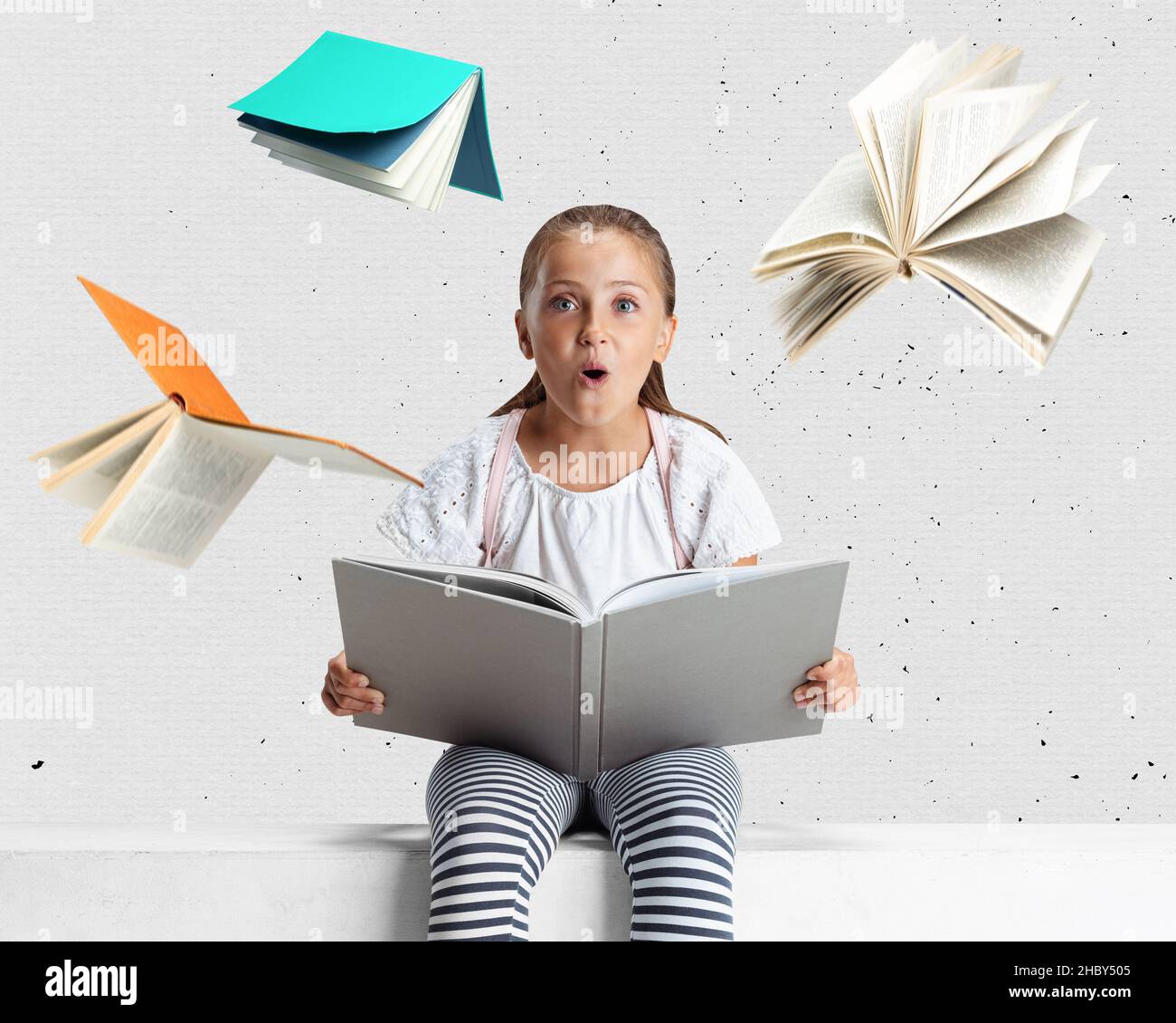 Creative collage of surprised girl sitting and reading around flying ...