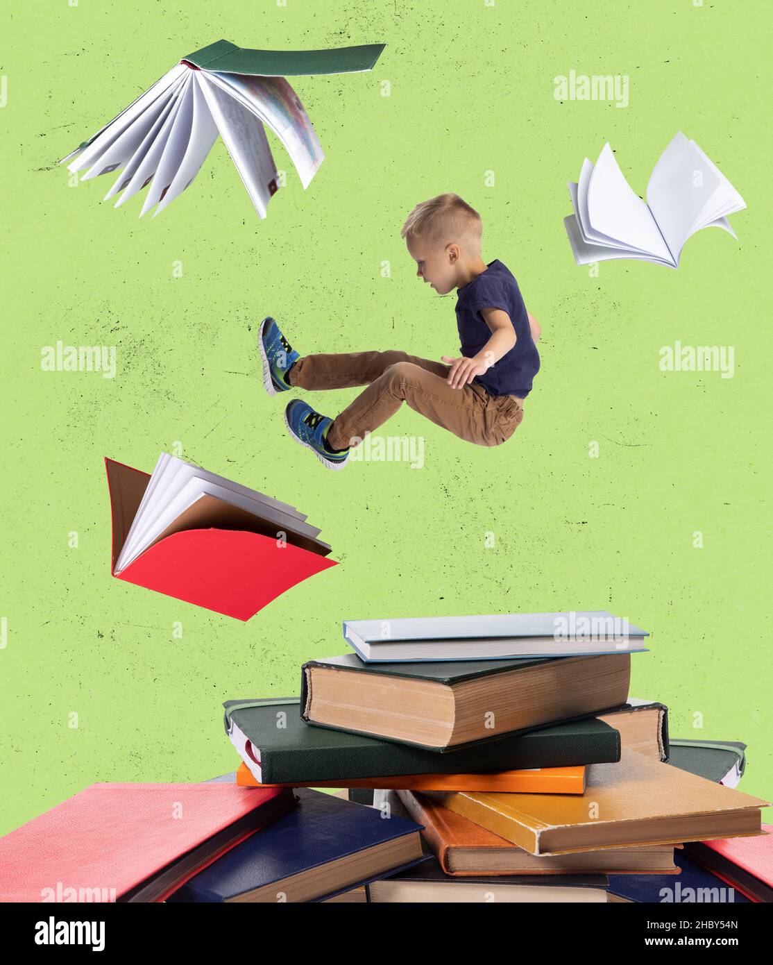 Creative contemporary art collage of little boy, child falling into ...