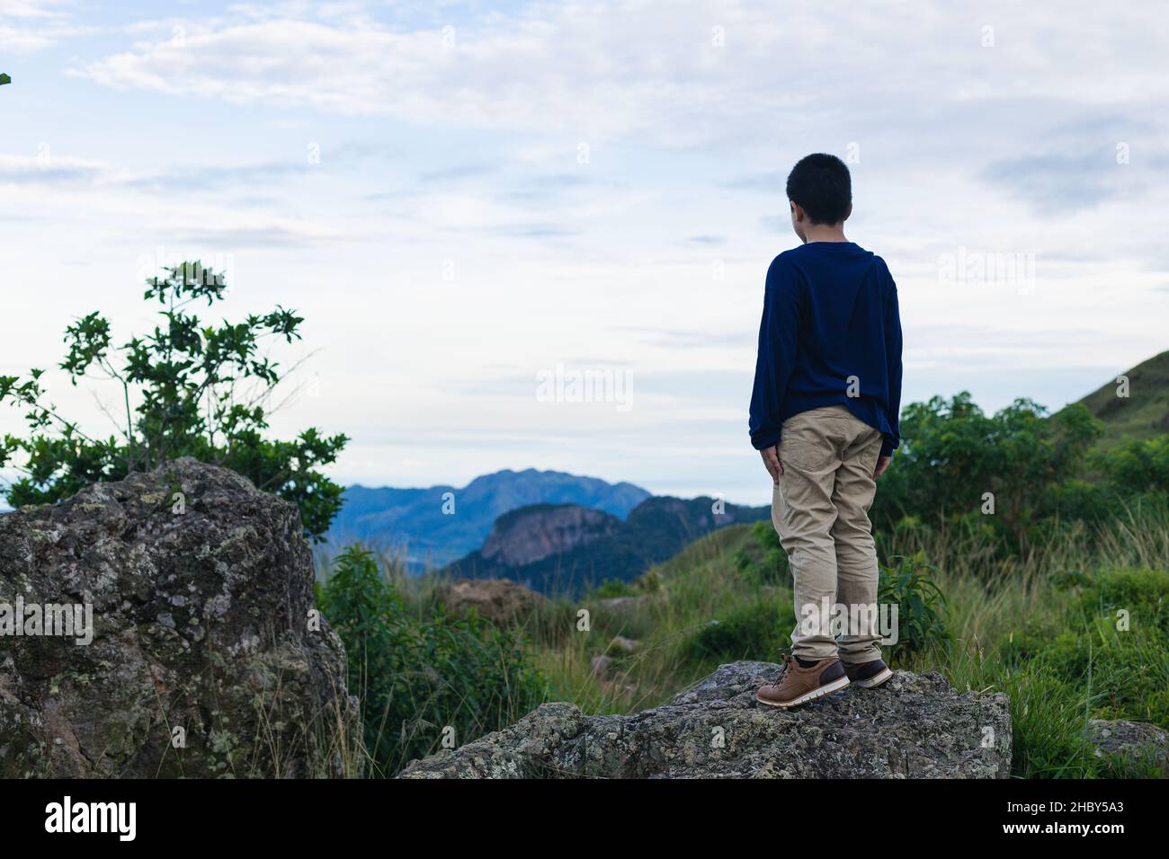 A rear view of a boy looking at the landscape Stock Photo - Alamy