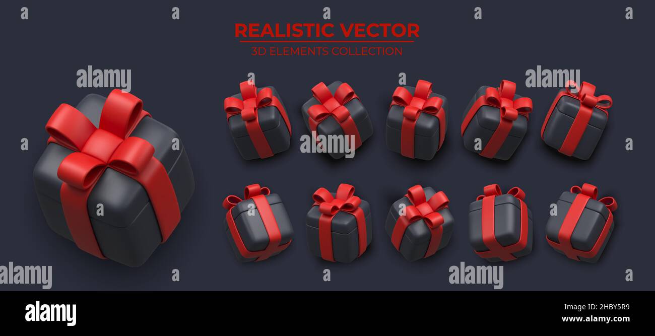 Set of Realistic Black 3d gift box with red ribbons isolated on a dark ...