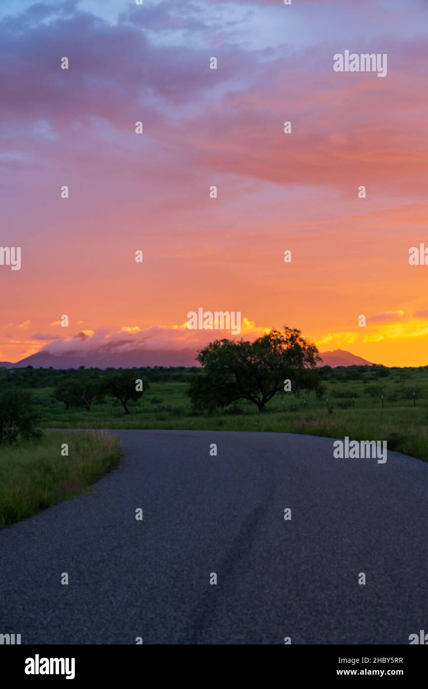 Vibrant sunset in Sonoita Arizona, road leading into the distance Stock ...