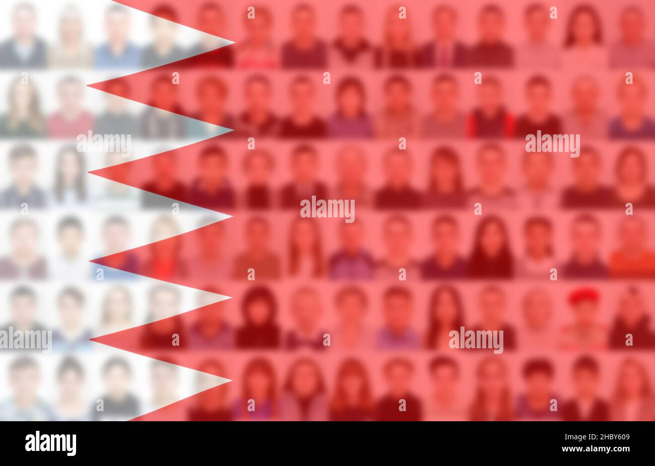Portraits of many people on the background of the flag of Bahrain.The ...