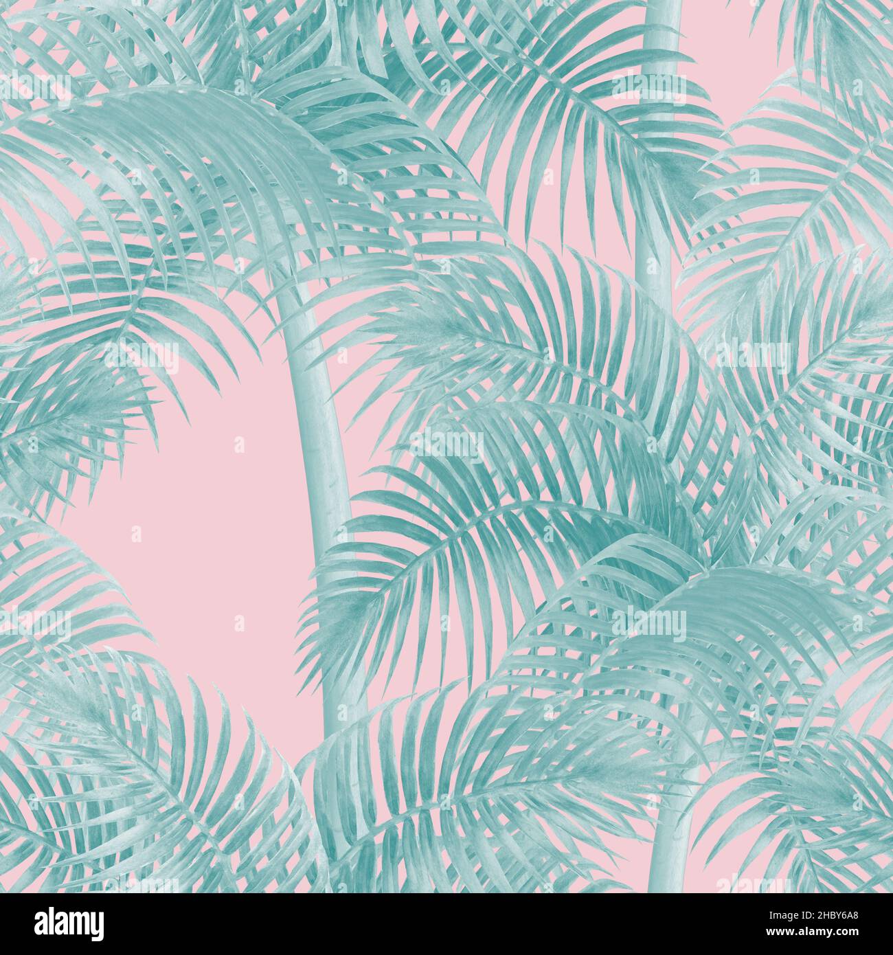 Watercolor seamless pattern with teal tropical palm trees on pastel ...