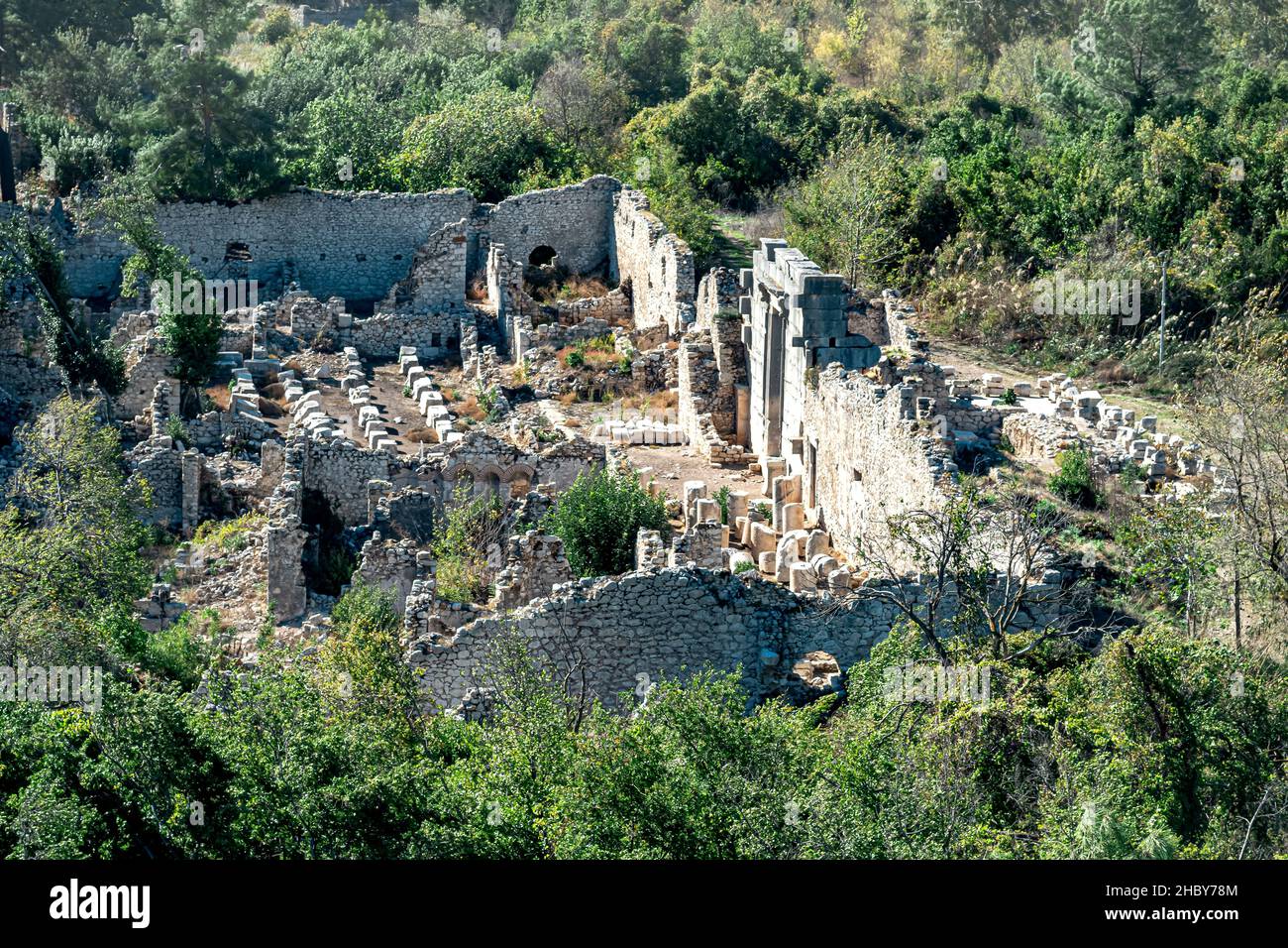 aerial view of the valley with the ruins of the ancient city of Olympos ...