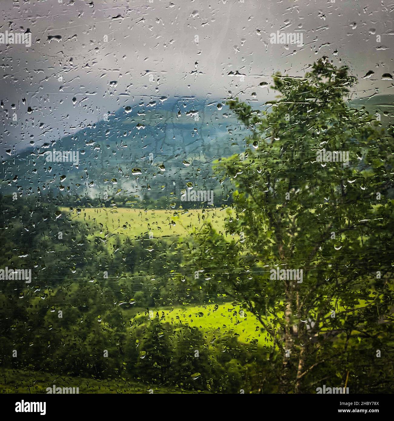 Melancholy countryside view seen through an window car, France Stock ...