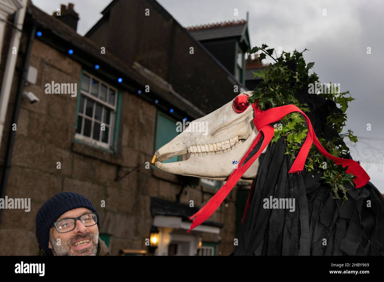 Penglaz The Obby Oss of Penzance leading the Montol Festival parade; in ...