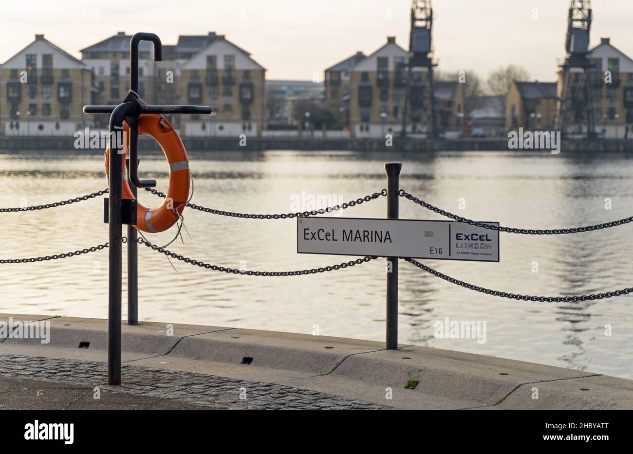 Excel Marina sign along the side of the Royal Victoria Docks. London ...