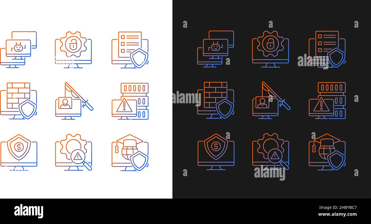 Cybercrime and its prevention gradient icons set for dark and light ...