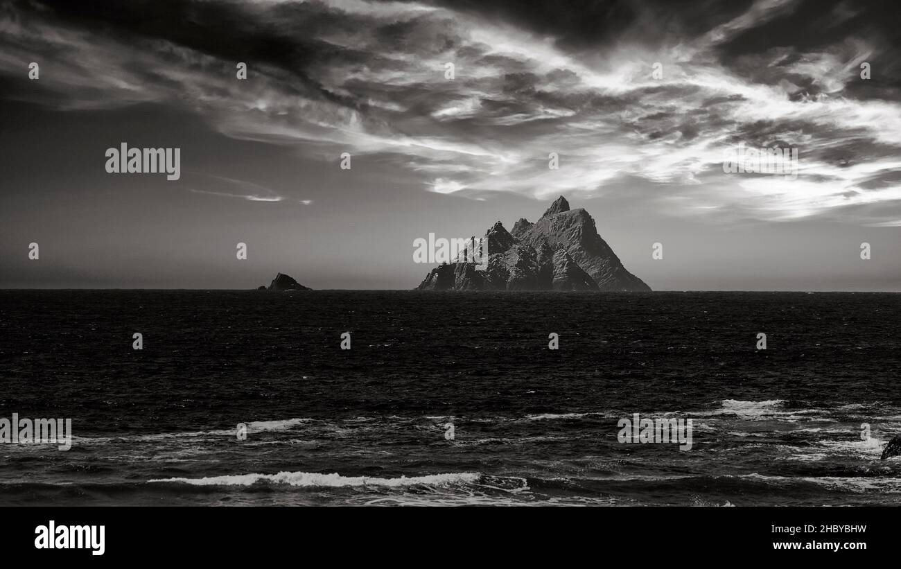 Two rocky islands in the sea at sunset, Skellig Michael and Little ...
