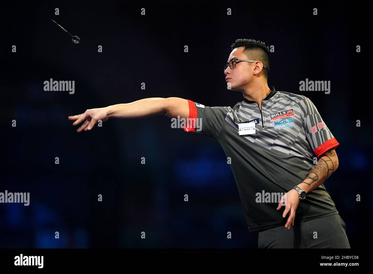 Rowby-John Rodriguez in action against Luke Humphries during day eight ...