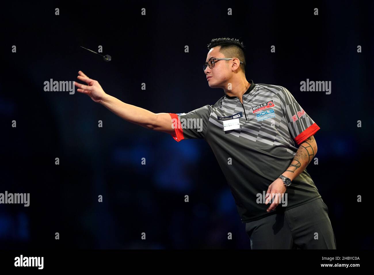 Rowby-John Rodriguez in action against Luke Humphries during day eight ...