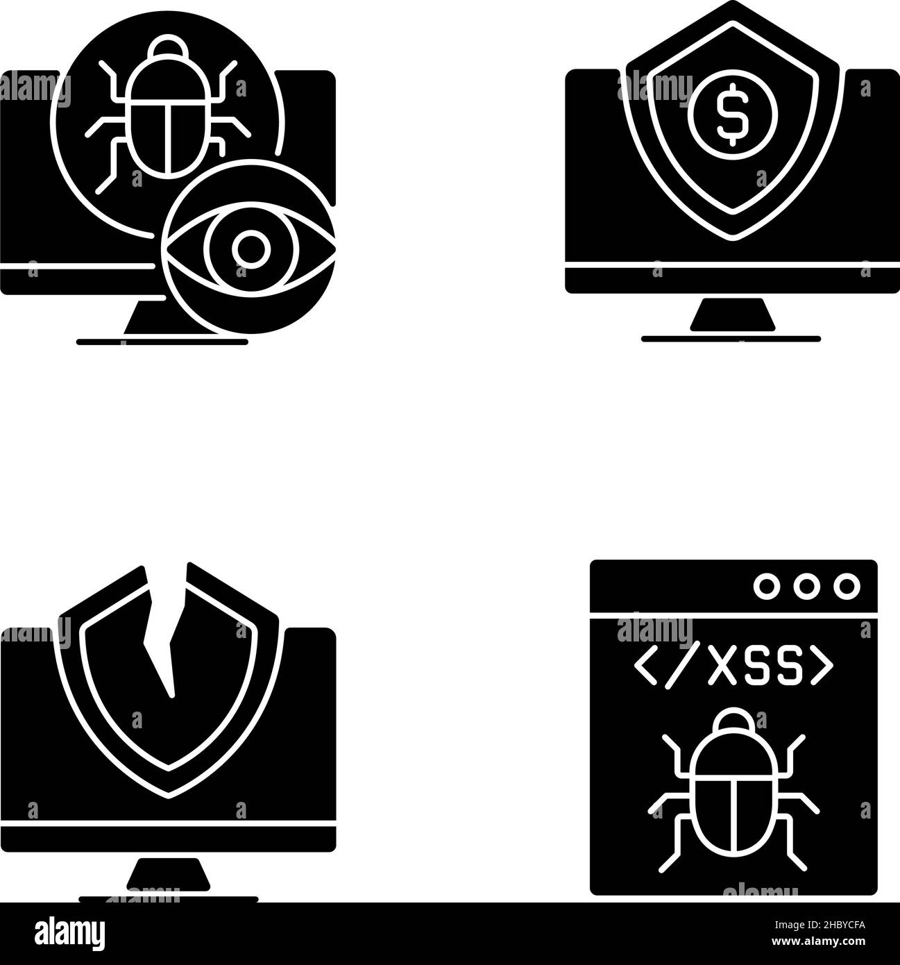 Computer vulnerability exploitation black glyph icons set on white space Stock Vector Image ...