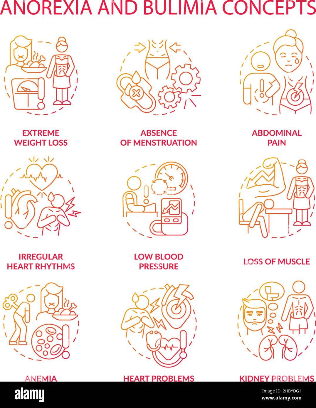 Anorexia and bulimia red gradient concept icons set Stock Vector Image ...