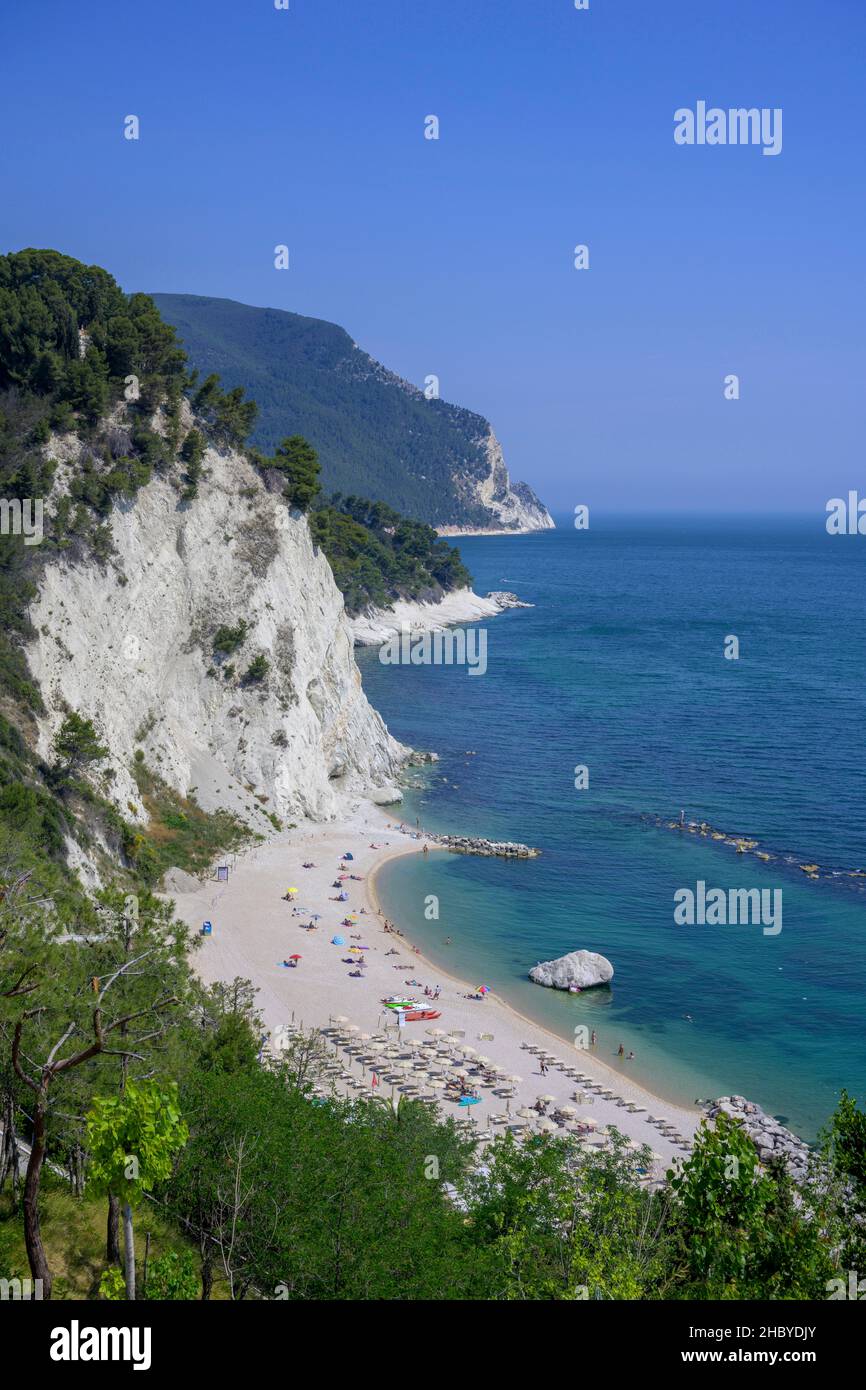 View down to the beach Spiaggia del Frate, Numana, province of Ancona ...