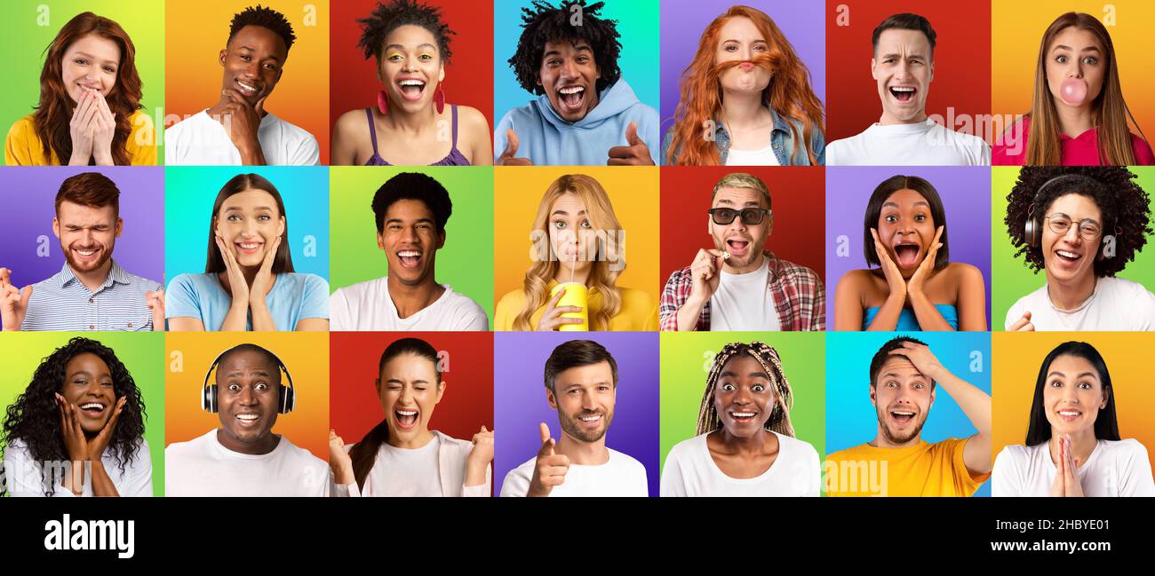 Collection of emotional shots. Young people posing on colorful ...
