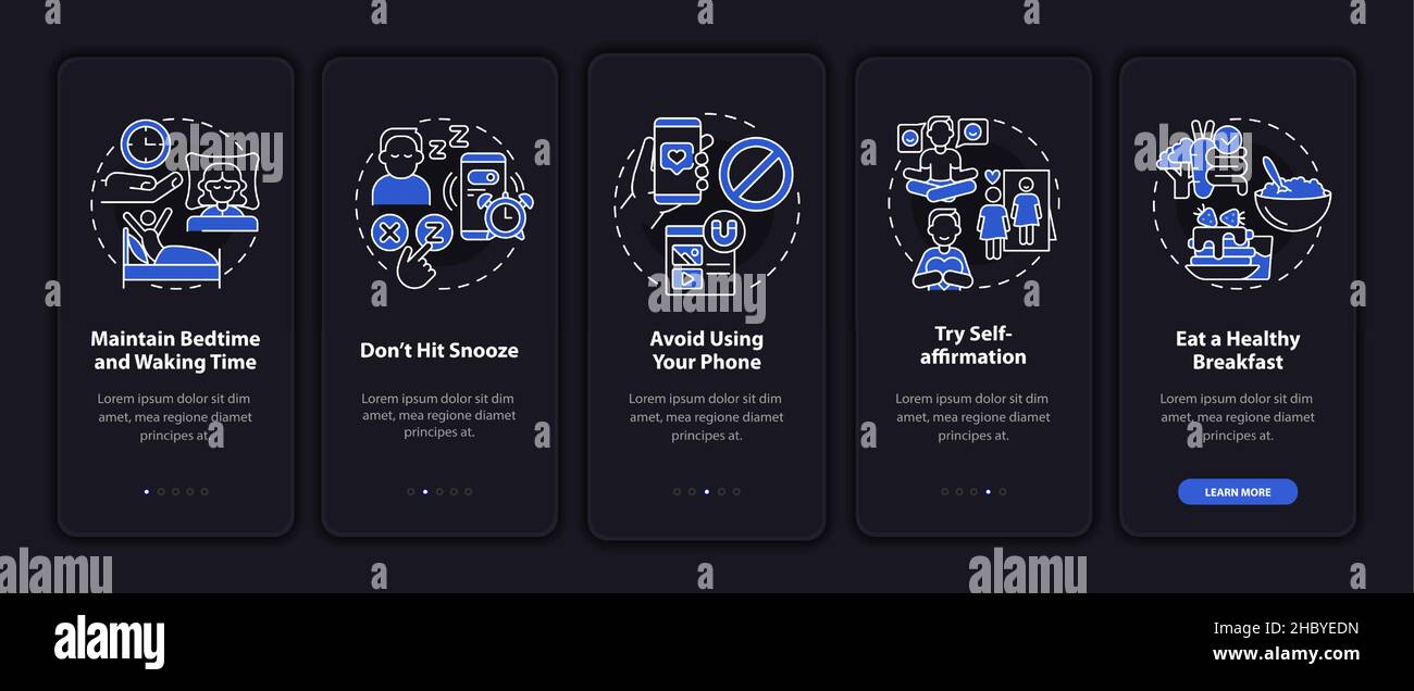 Building morning routine night mode onboarding mobile app screen Stock ...