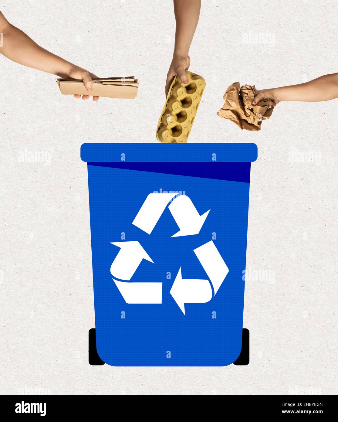 Contemporary art collage. Human hands throw carton boxes into trash can ...