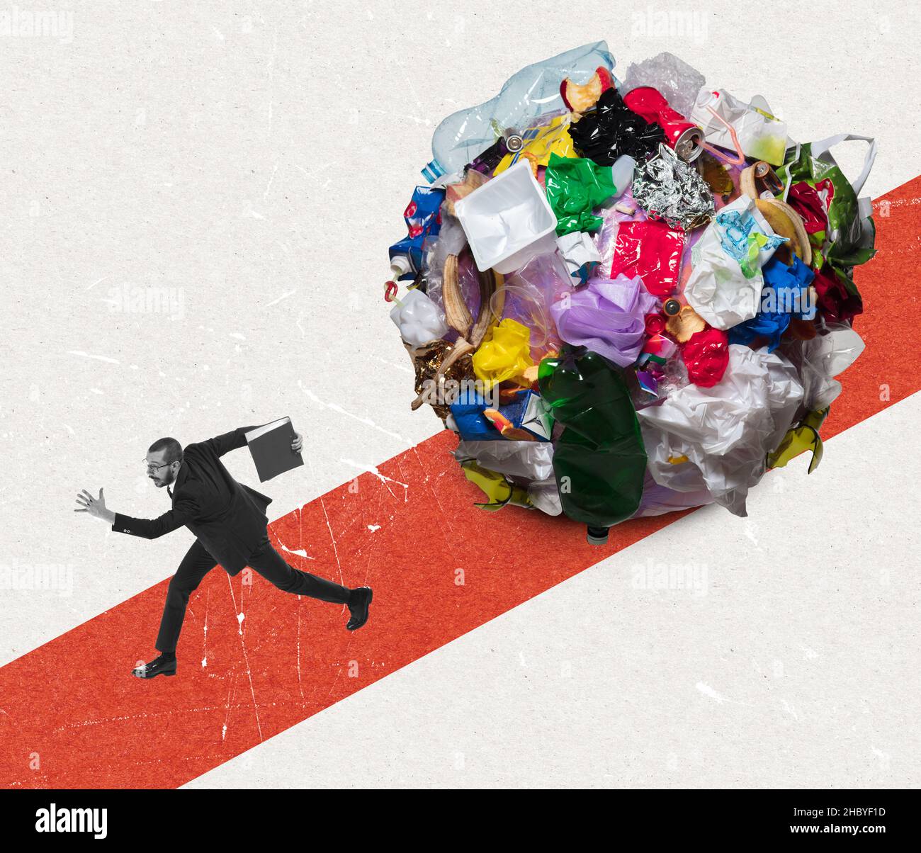 Man running away of plastic garbage, environmental pollution. Modern ...