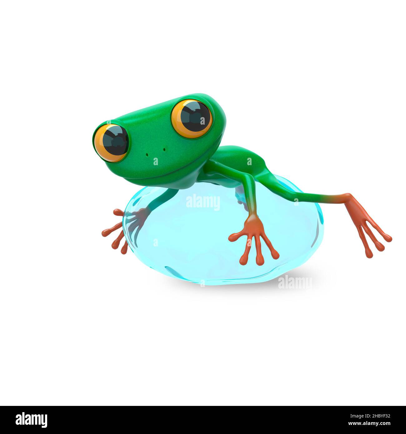 3D Illustration of a Green Frog on a Big Drop of Water on a White ...
