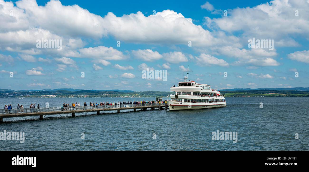 Ship at the jetty of Mainau Island, Lake Constance, Baden-Wuerttemberg ...