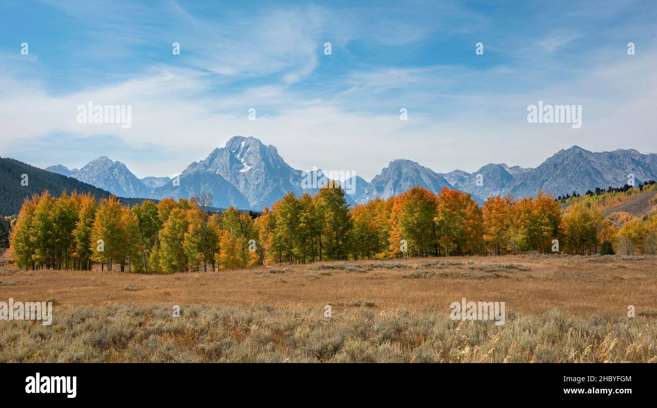 Mountain panorama of the Teton Range, summit of Mount Moran, autumn ...