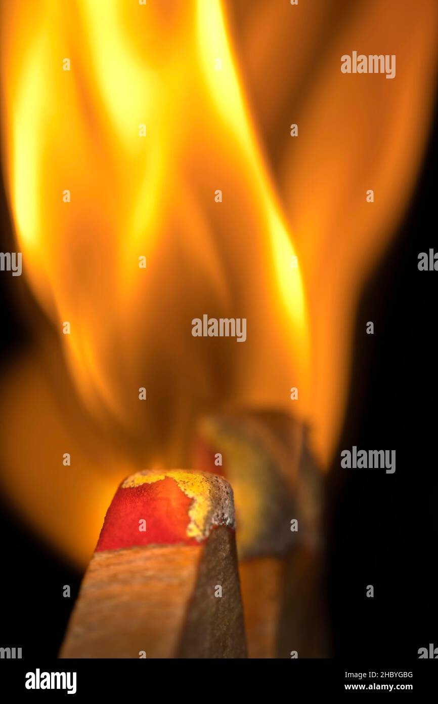 Flame on a match head, studio photography with black background Stock ...