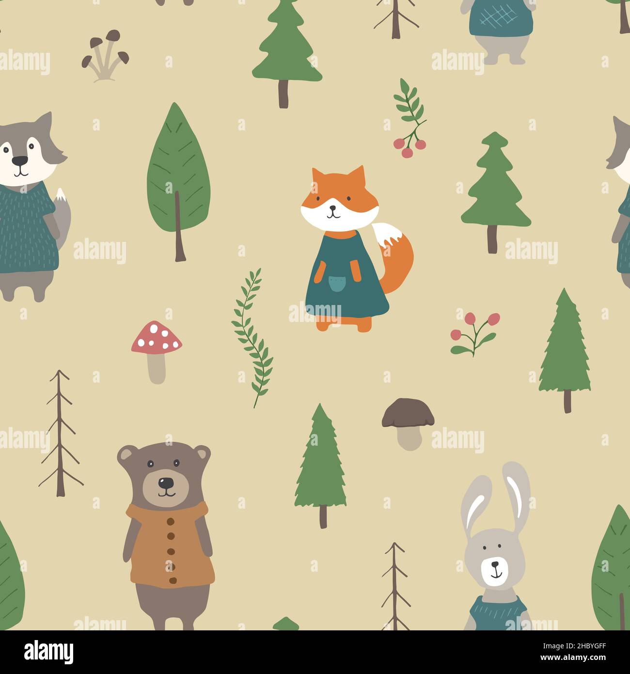 Cute animals Seamless pattern. Cartoon Animals in forest background ...