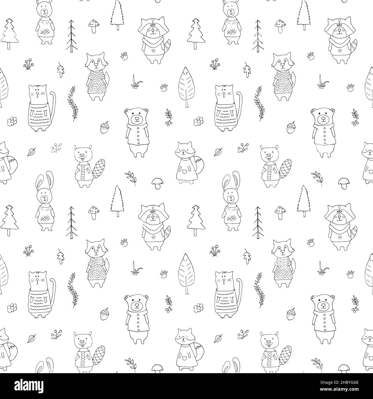 Cute animals Seamless pattern. Cartoon Animals in forest background ...