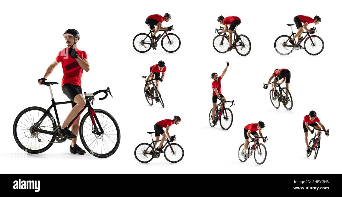 Collage of images of professional cyclists, riding a bike in protective ...
