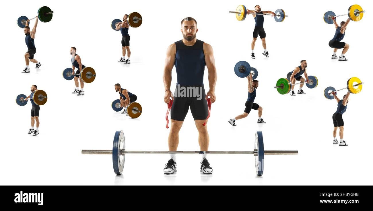 Collage of portraits of sportive muscular man lifting bar, training ...