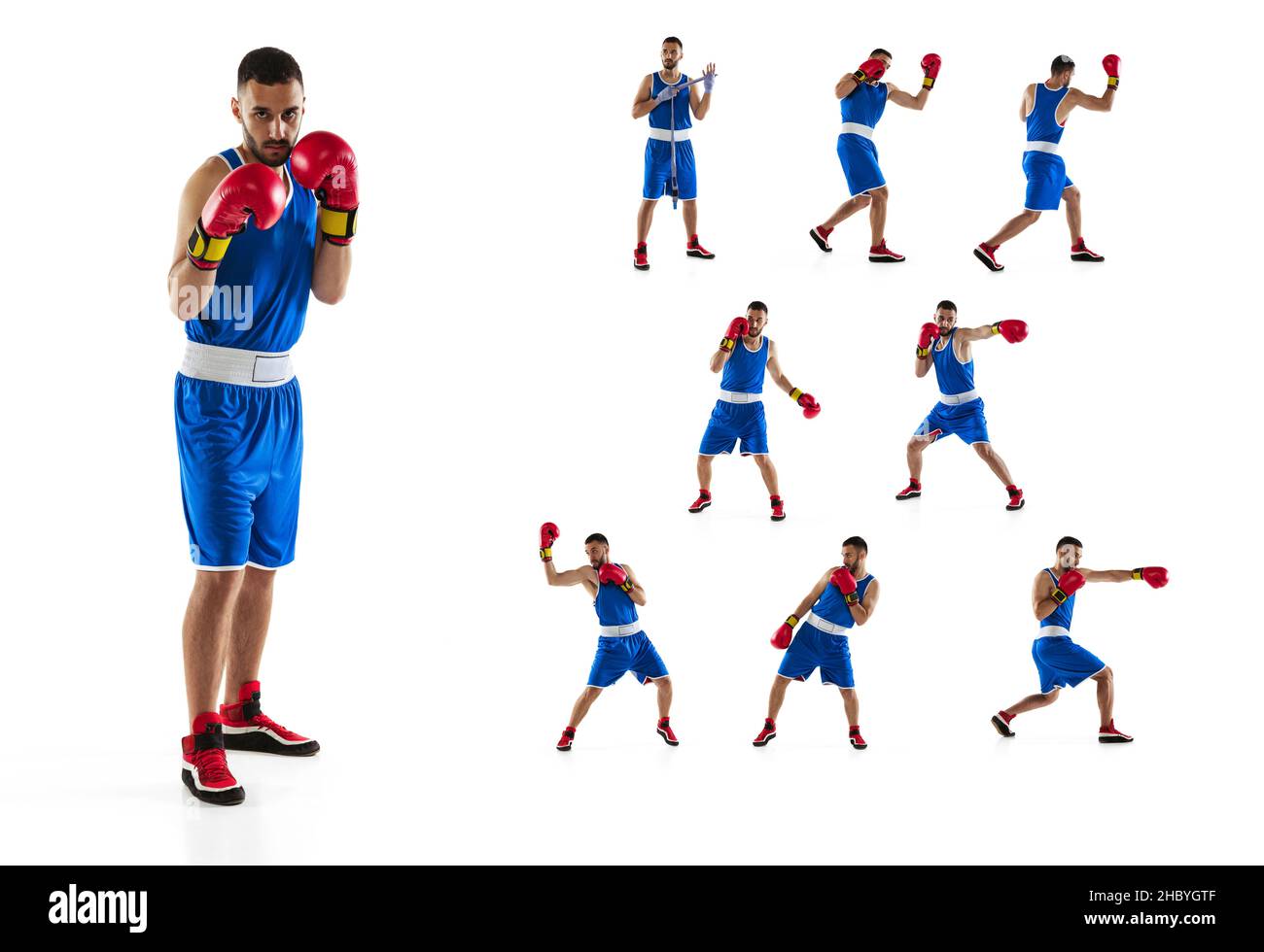 Collage of portraits of professional boxer in blue uniform training ...